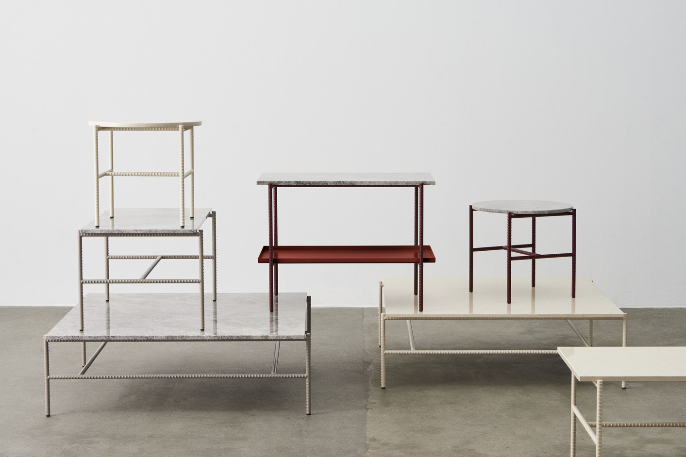 Rebar Rectangular Side Table Fossil grey frame with Two trays in Grey steel and marble | HAY.nl